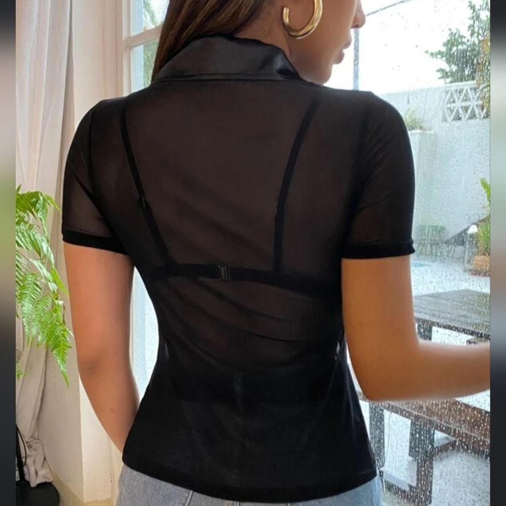 Brand New Attention Through Sheer Mesh Bowknot Blouse - Gem